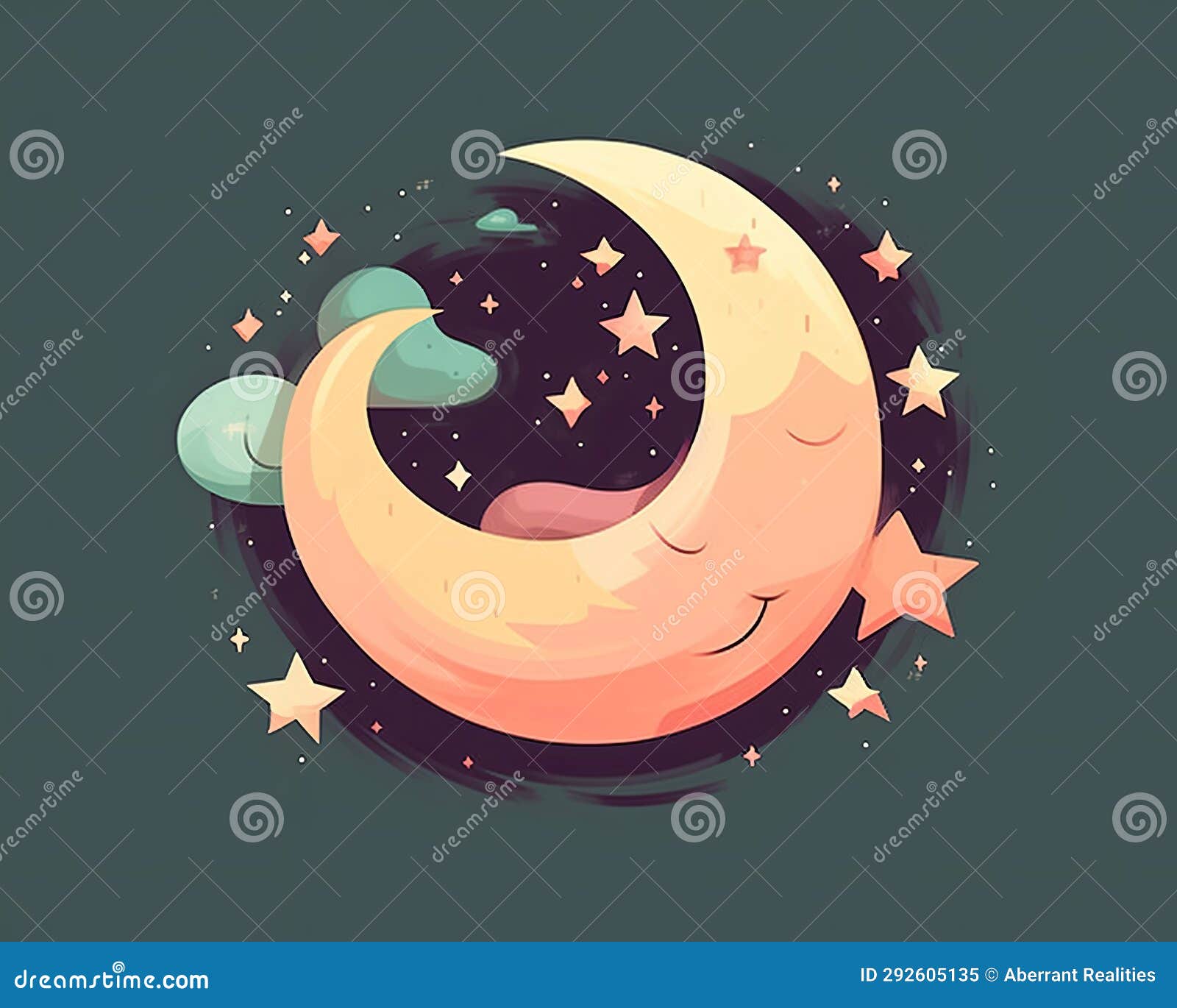 Cartoon Illustration of a Crescent Moon with Stars and Clouds Stock ...
