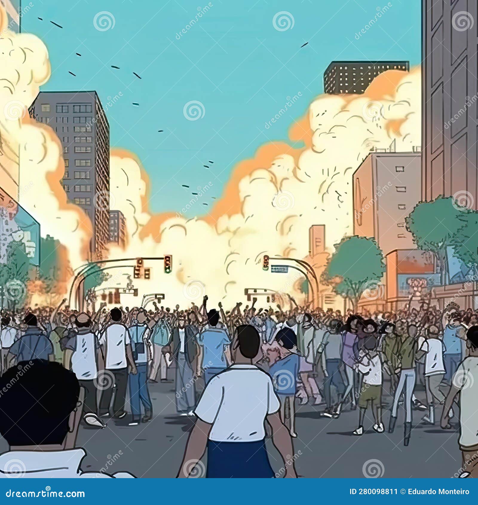 Cartoon Illustration of a Crowd of People Protesting in the City Stock ...