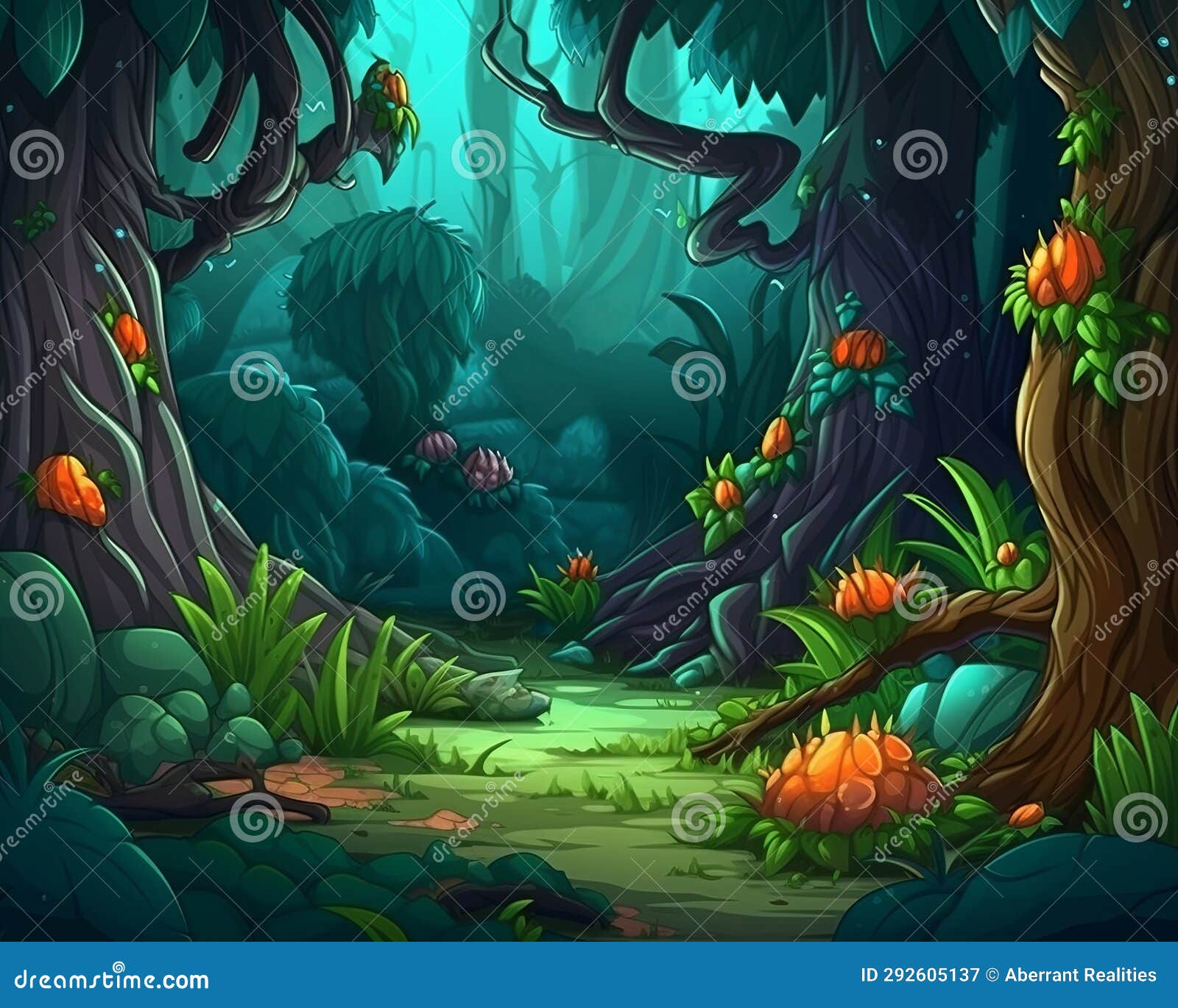 Cartoon Illustration of a Dark Forest with Trees and Flowers Stock ...