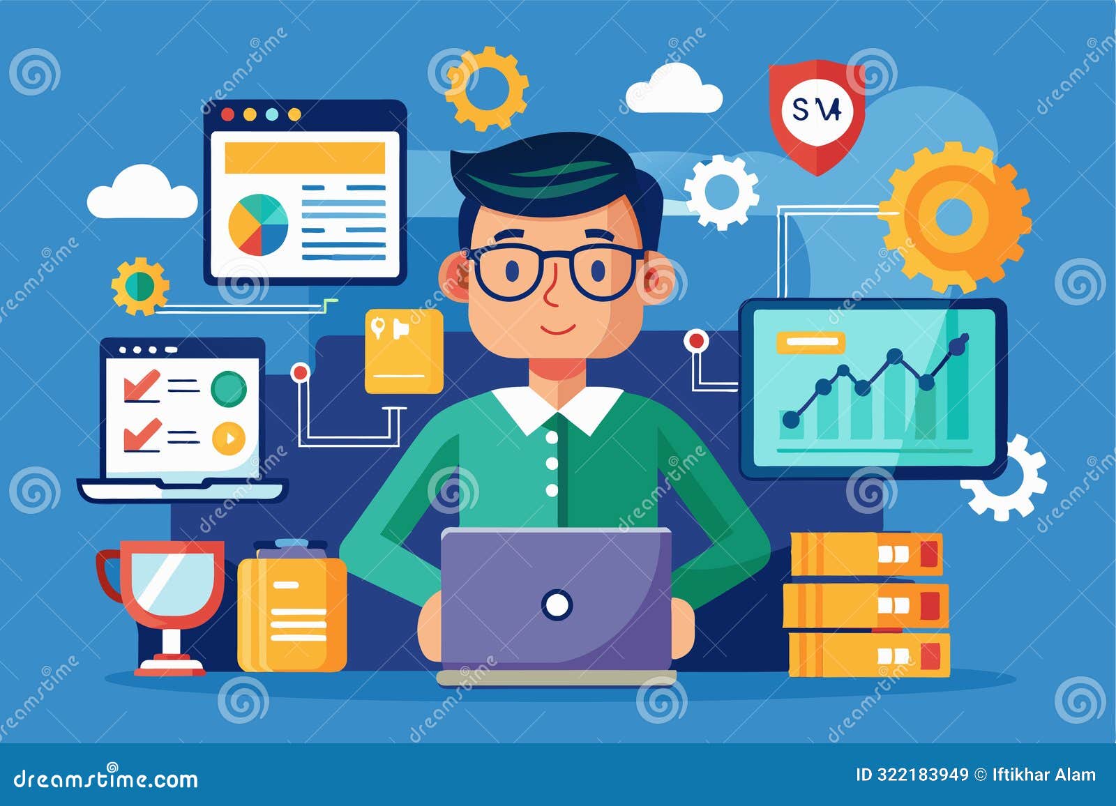 A Cartoon Illustration Depicting a Man Working on a Laptop with Various Data Processing Elements ...