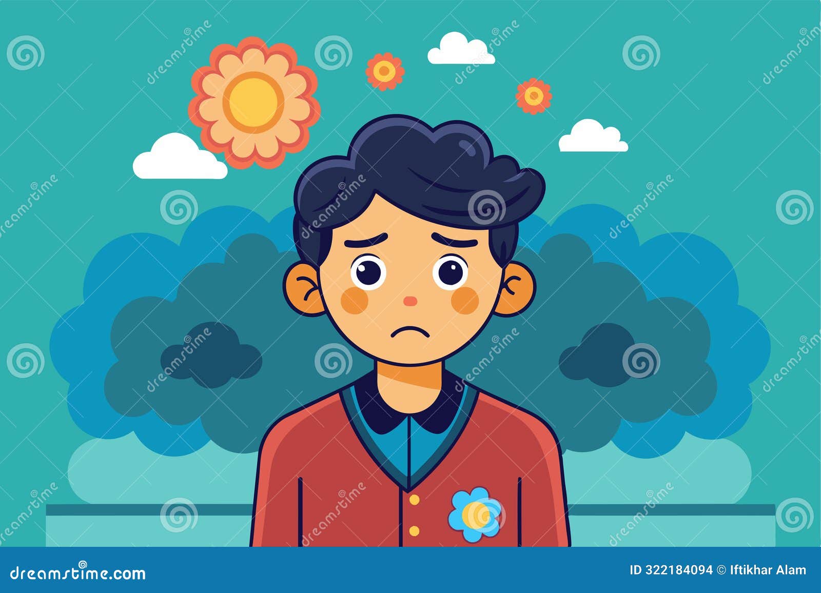 A Cartoon Illustration Depicts a Young Boy with a Somber Expression ...