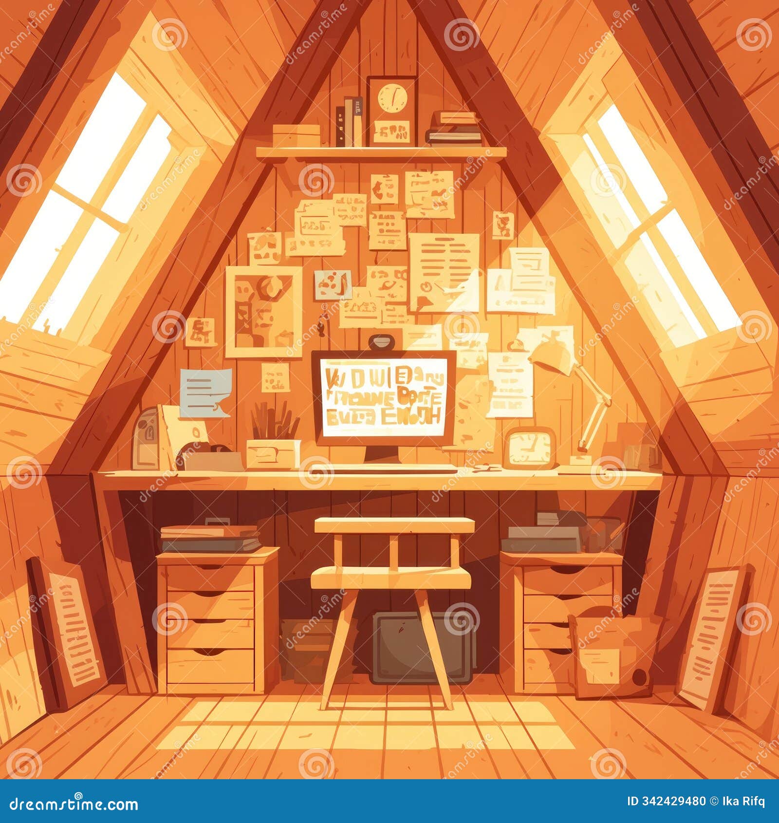 Cartoon Attic Interior Of Cozy Boy Bedroom With Bed, Chair And ...