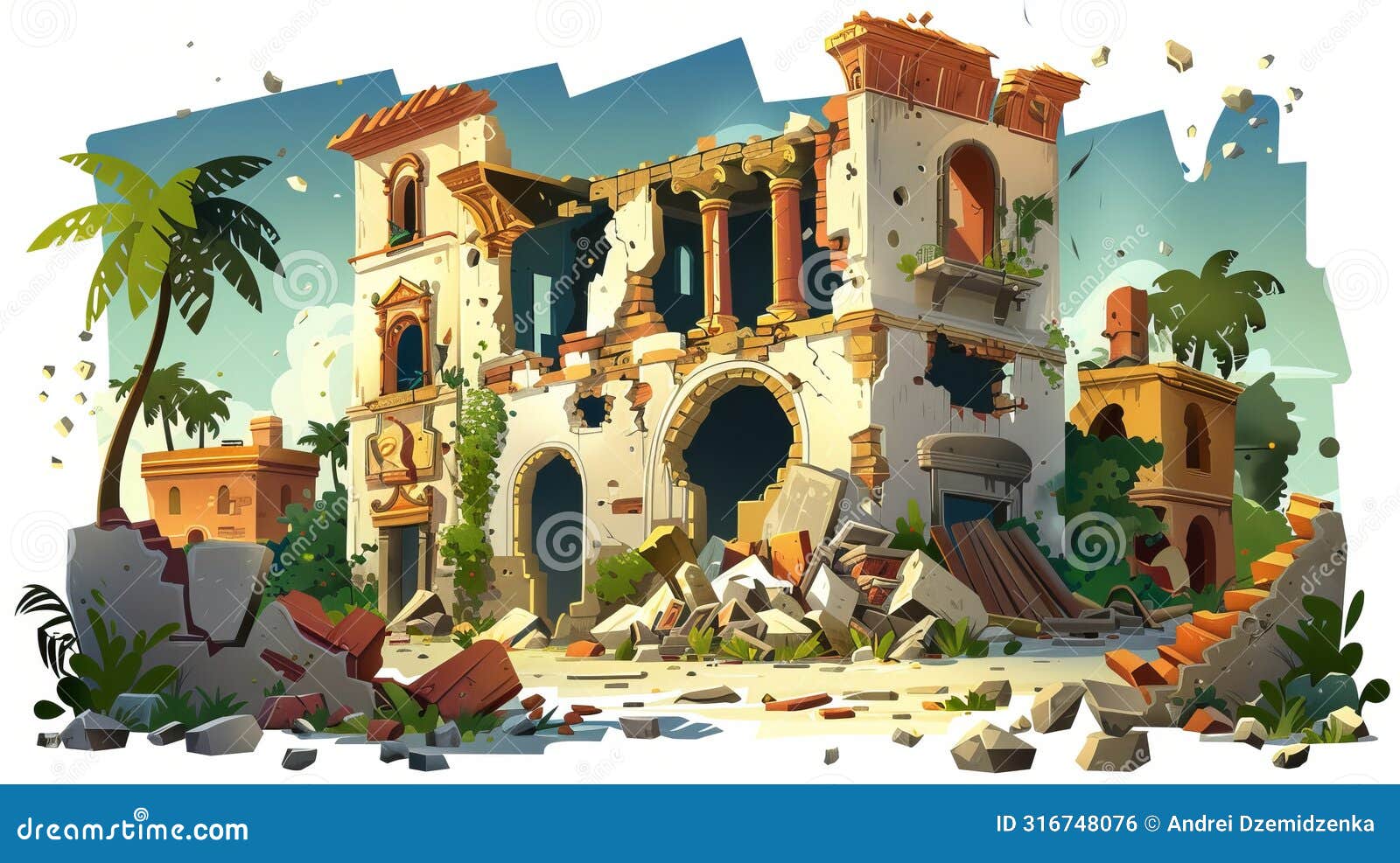 In this Cartoon Illustration, a Destroyed Building, Damaged Structure ...