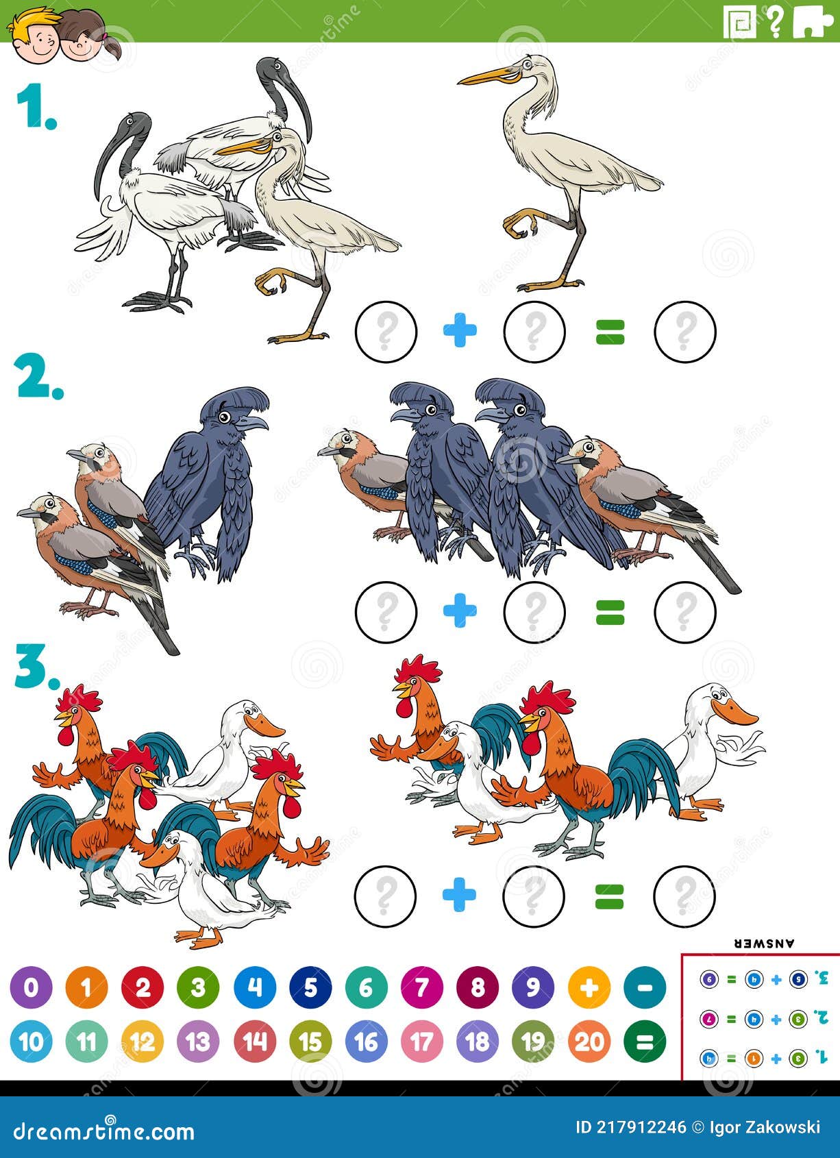 Math Addition Educational Task with Cartoon Birds Characters Stock ...