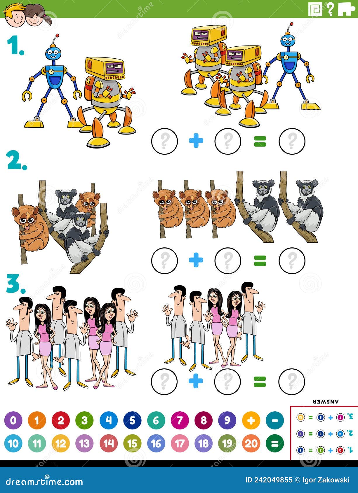 Math Addition Educational Task with Cartoon Characters Stock Vector ...