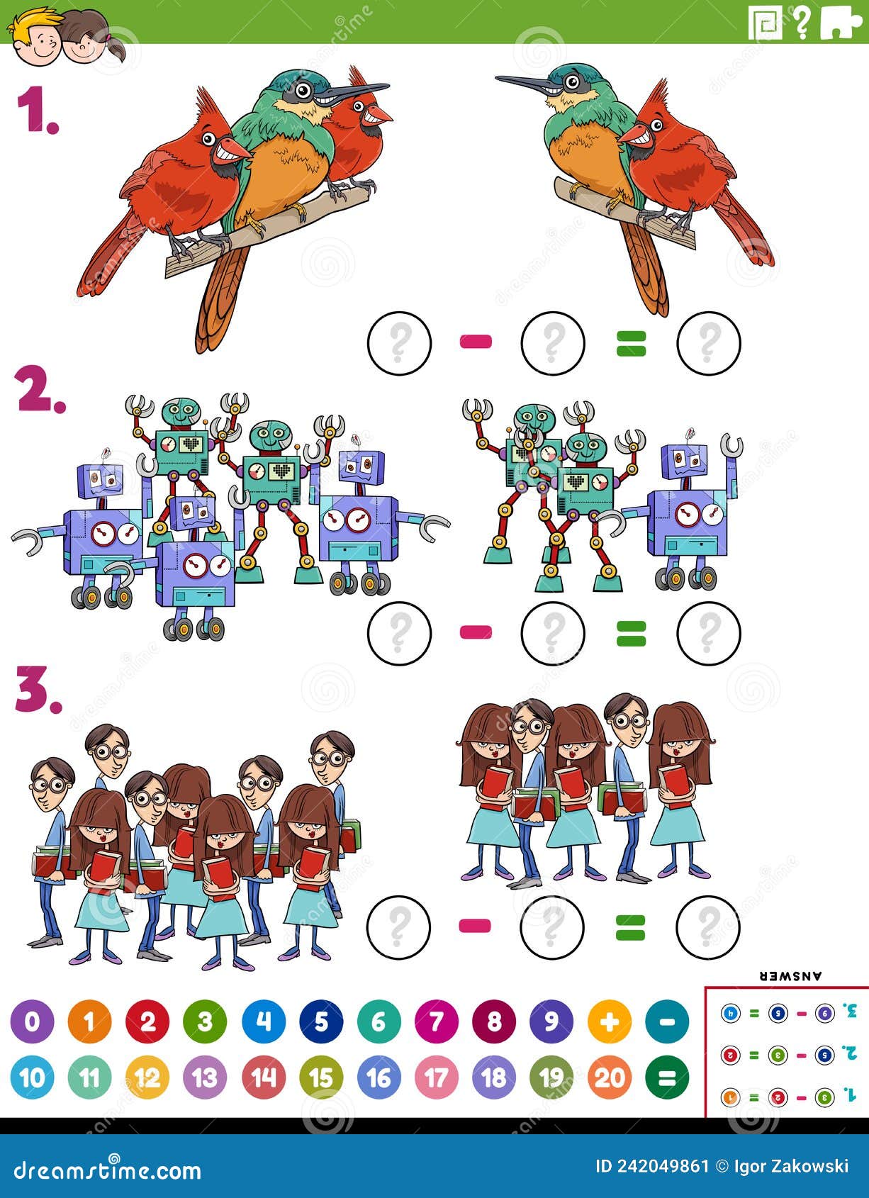 Subtraction Educational Task with Cartoon Characters Stock Vector ...