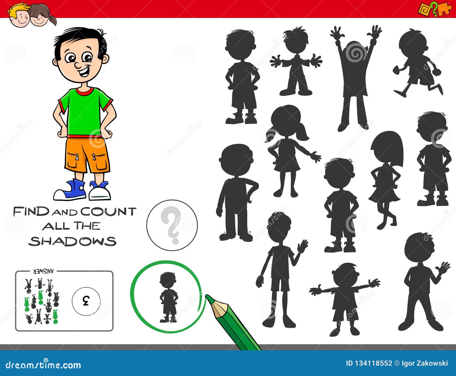Educational Shadows Game with Cute Boy Stock Vector - Illustration of ...