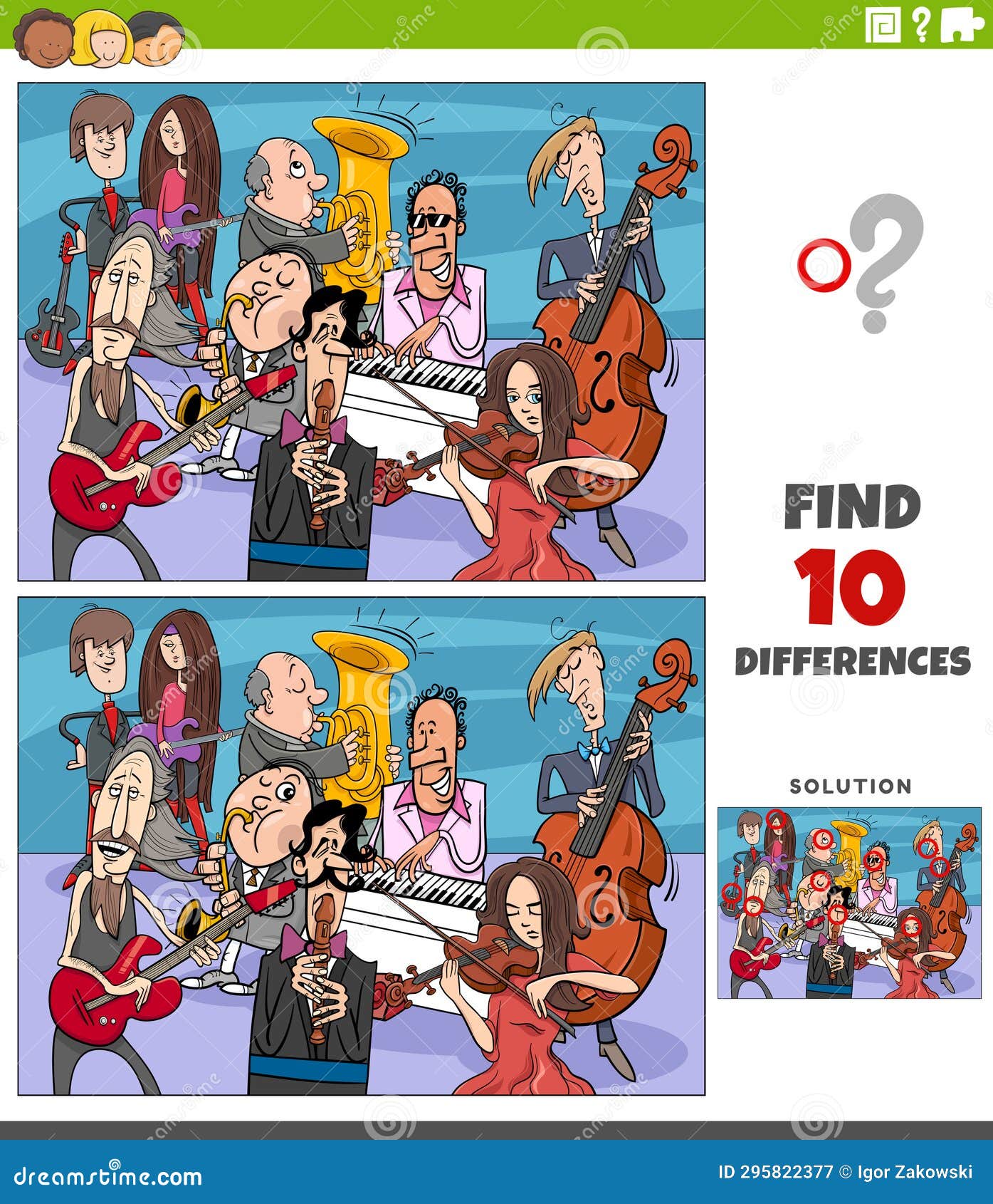 Differences Activity with Cartoon Musicians Characters Stock Vector ...