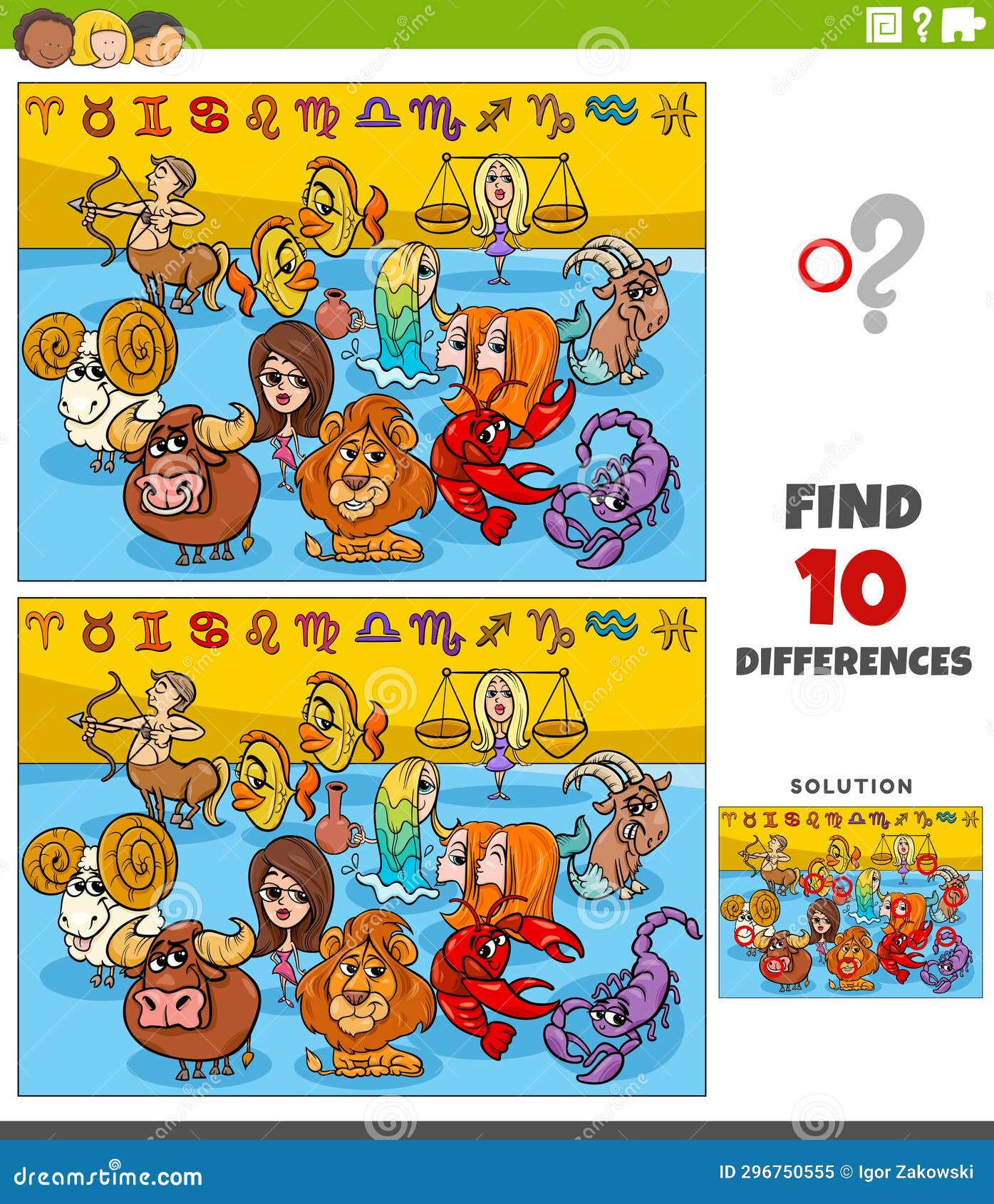 Differences Games with Cartoon Zodiac Signs Characters Stock Vector ...