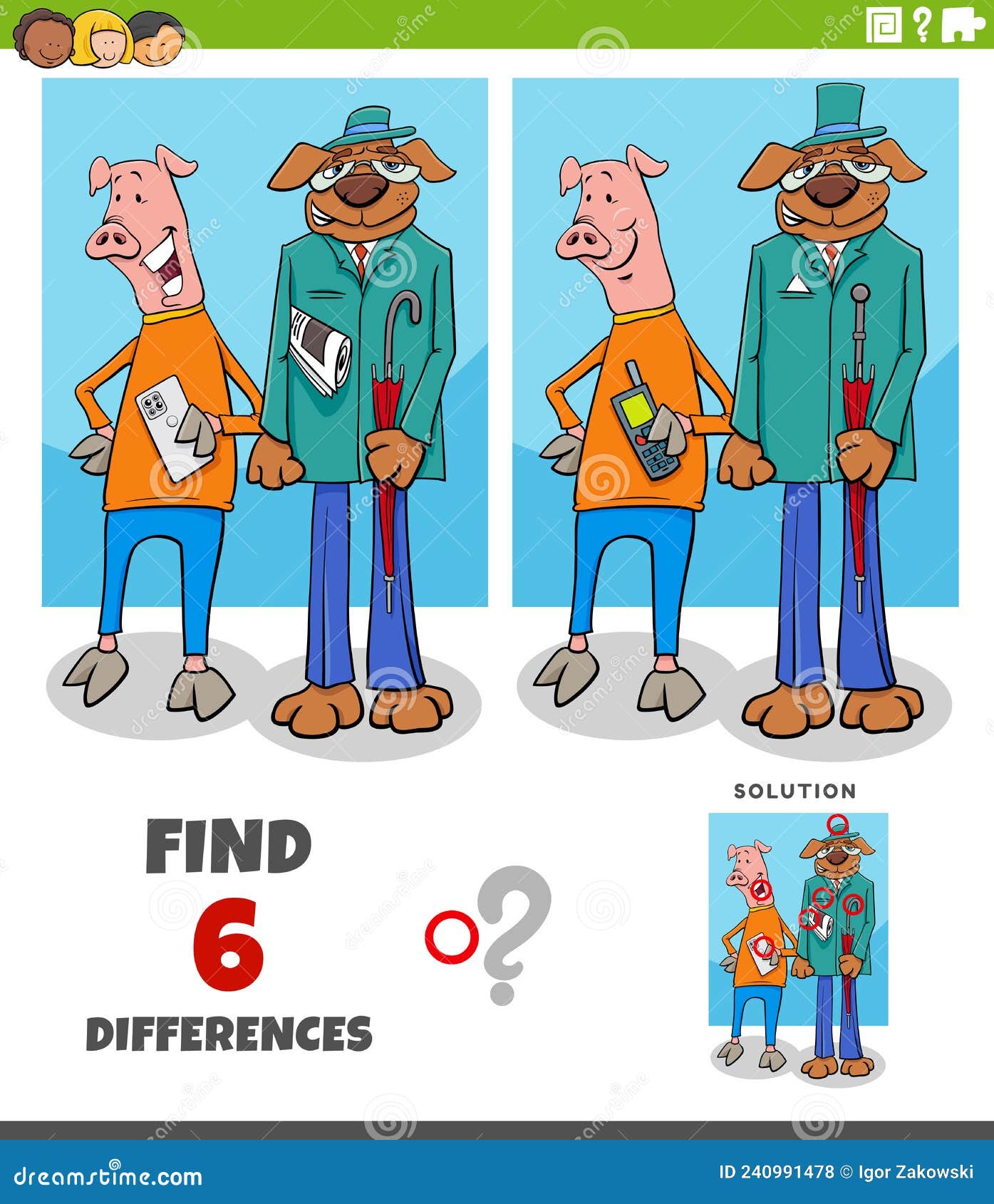 Differences Game with Cartoon Dog and Pig Characters Stock Vector ...