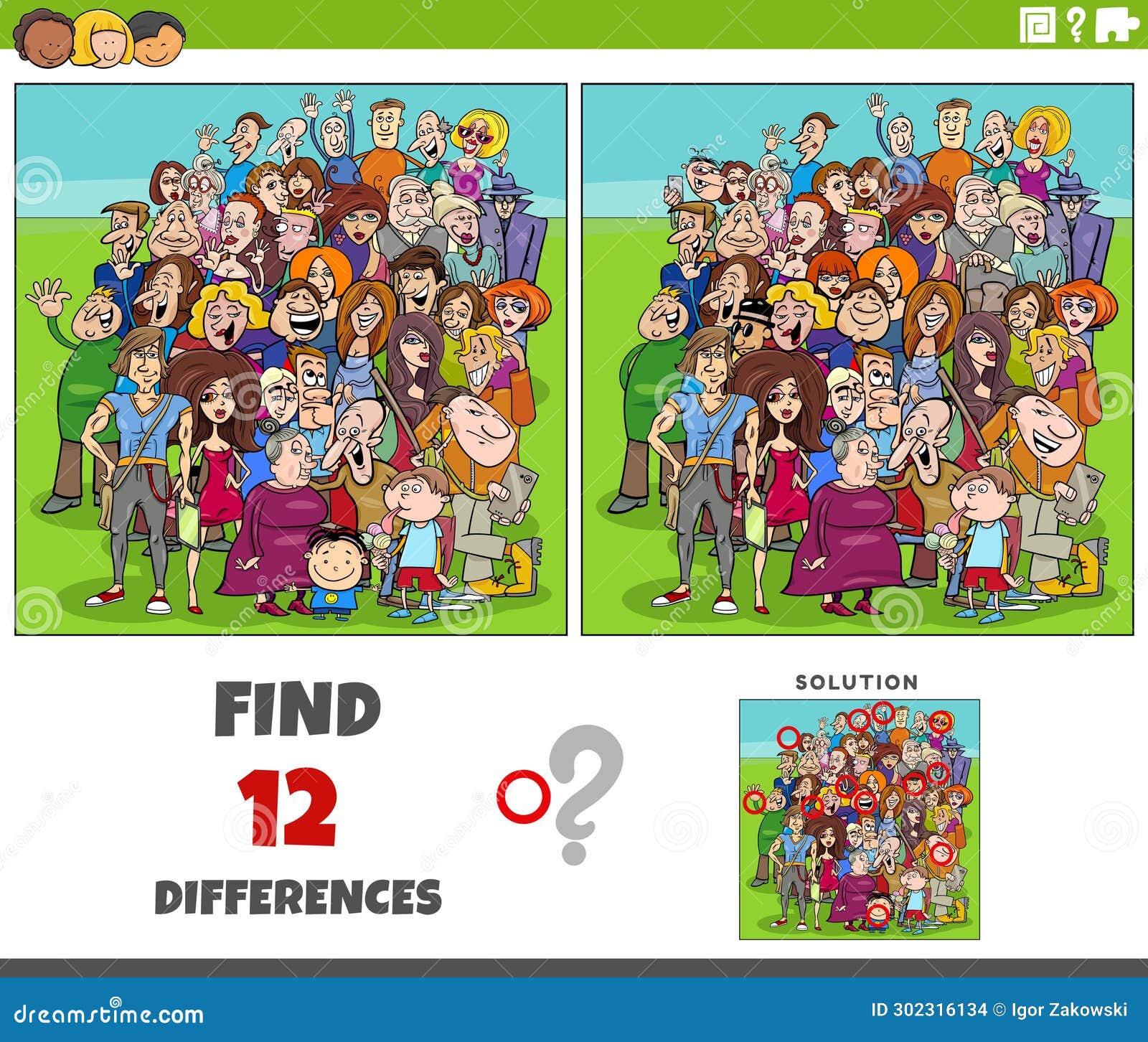 Differences Game with Funny Cartoon People Crowd Stock Vector ...