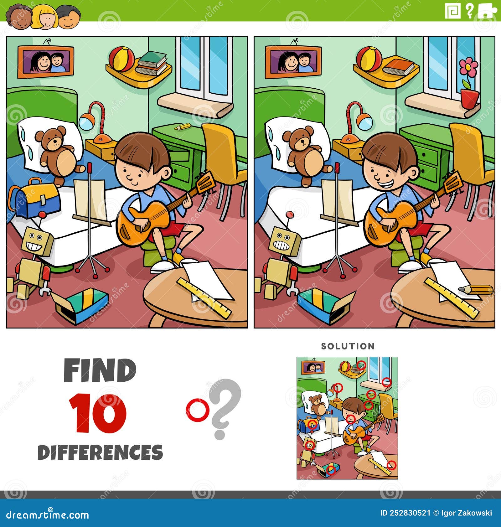 Differences Game with Cartoon Boy with Guitar in His Room Stock Vector ...