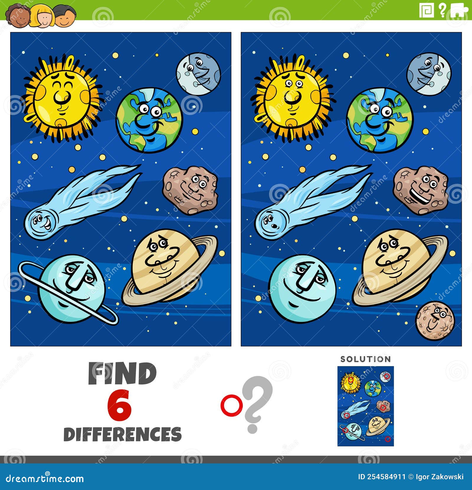 Differences Game with Cartoon Planets and Orbs Characters Stock Vector ...