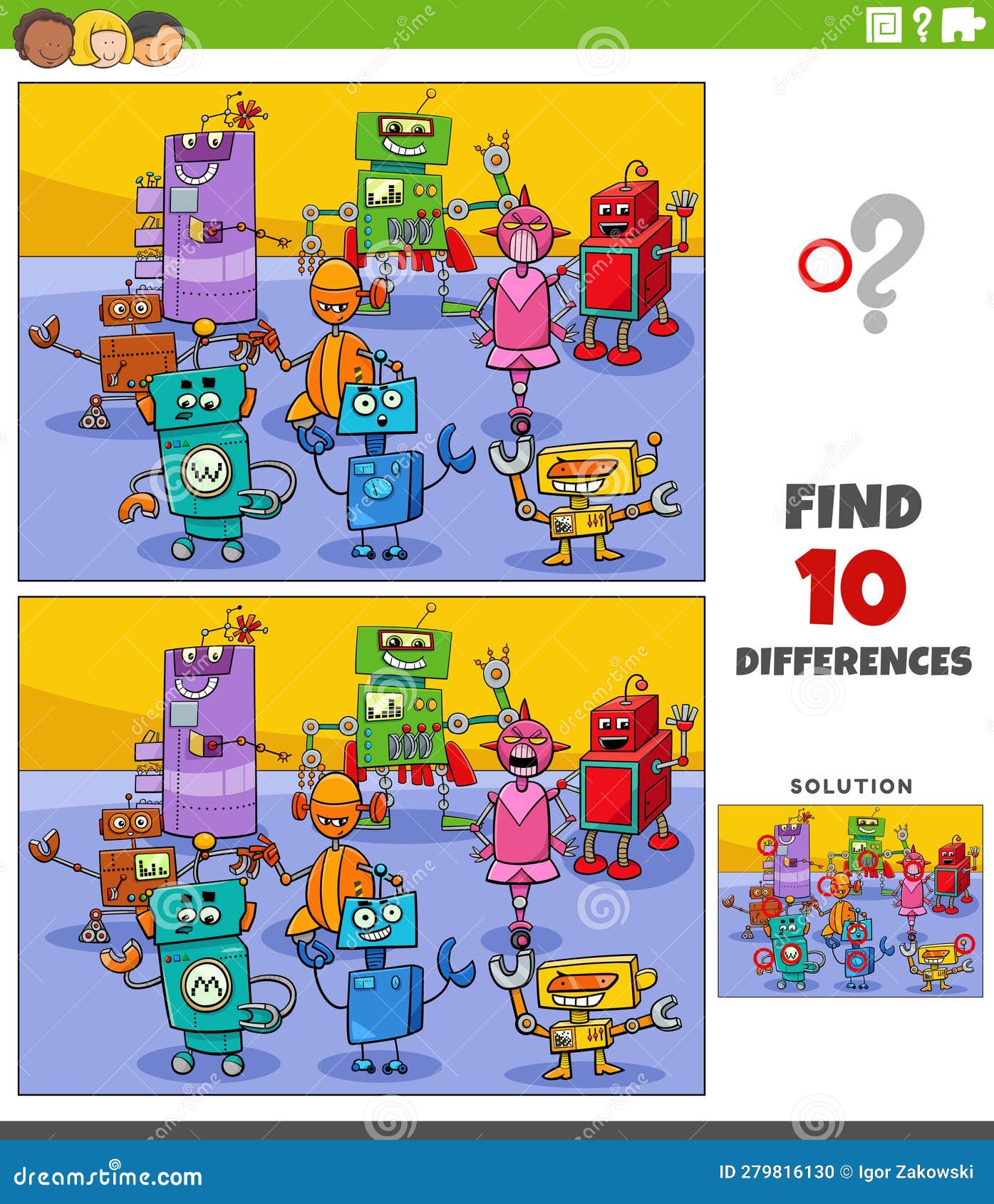 Differences Game with Cartoon Robots Characters Group Stock Vector - Illustration of task ...