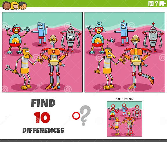 Differences Game with Cartoon Robots Characters Stock Vector - Illustration of preschool ...