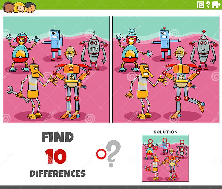 Differences Game with Cartoon Robots Characters Stock Vector - Illustration of preschool ...