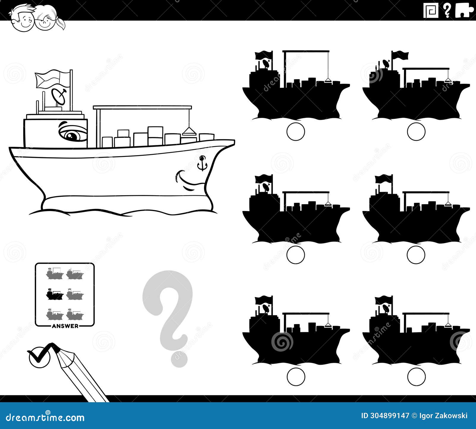 Shadow Activity with Cartoon Container Ship Coloring Page Stock ...