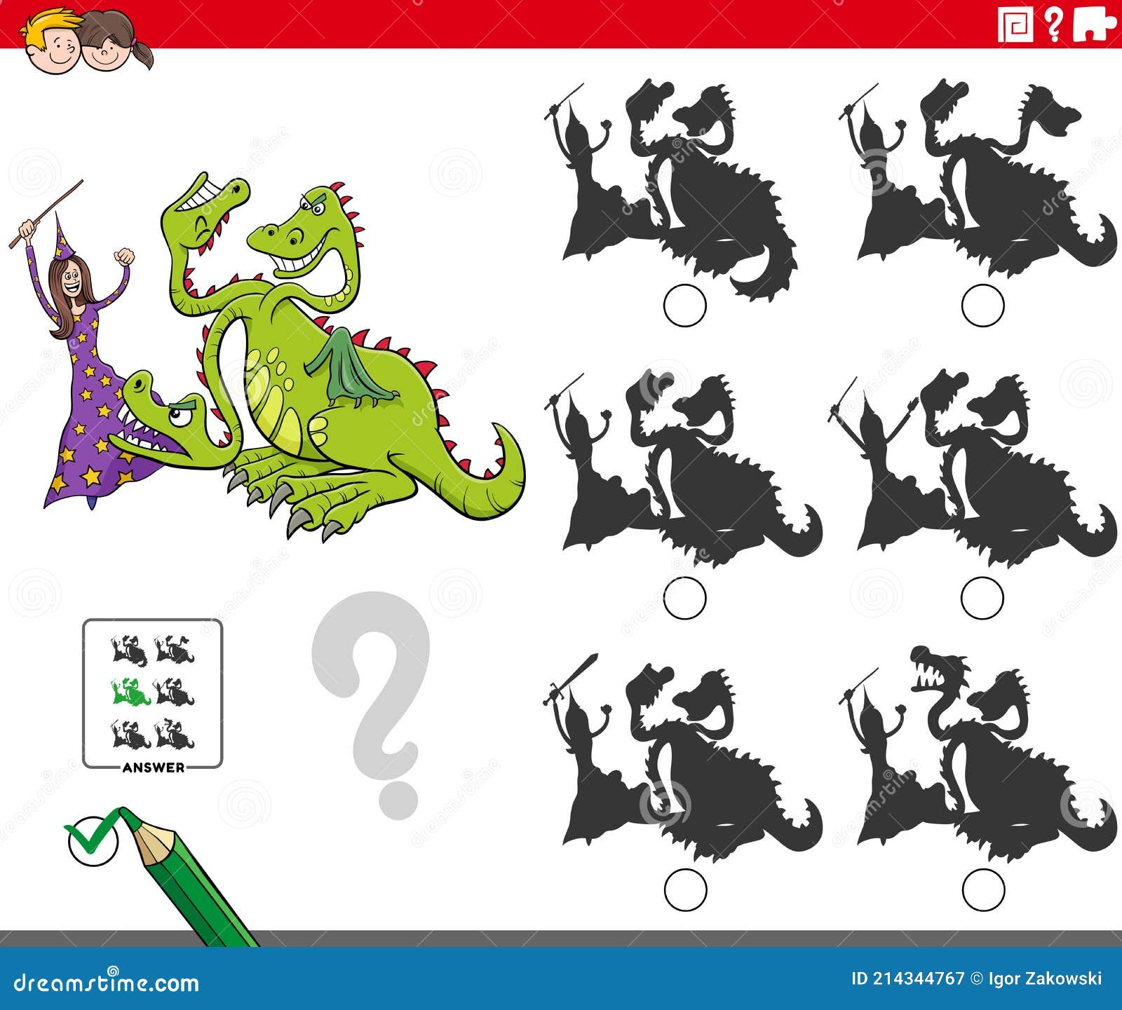 Educational Shadows Game with Cartoon Witch and Dragon Stock Vector ...