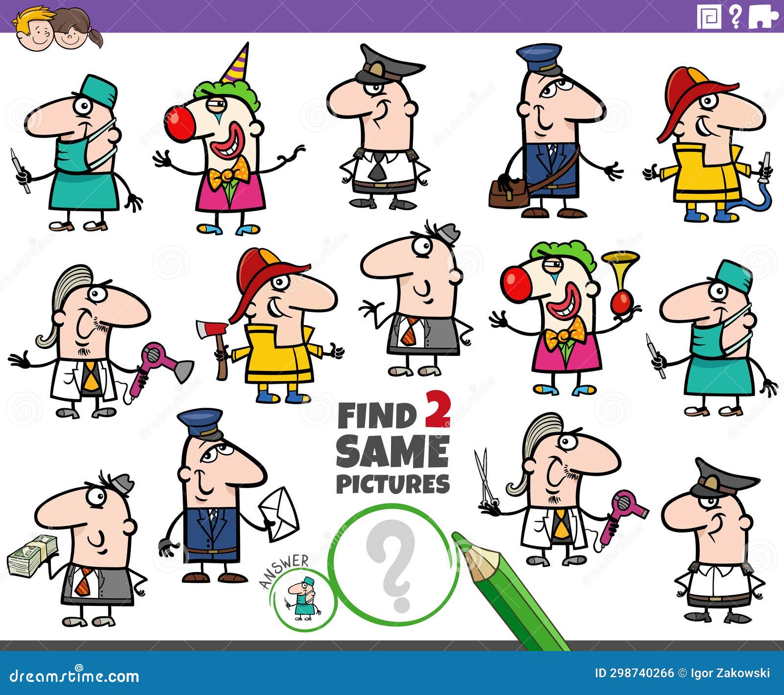 Find Two Same Cartoon People of Various Professions Stock Vector ...