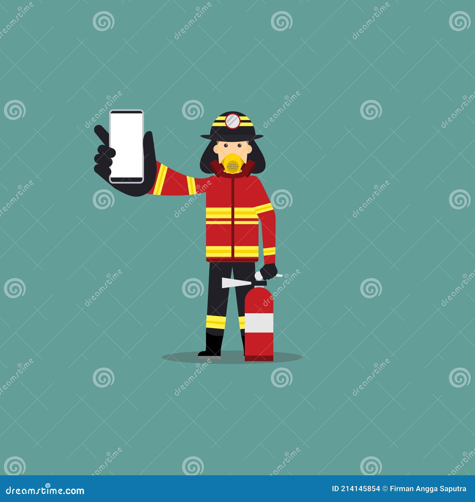 Cartoon Illustration of Fireman Hold a Smart Phone Stock Vector ...