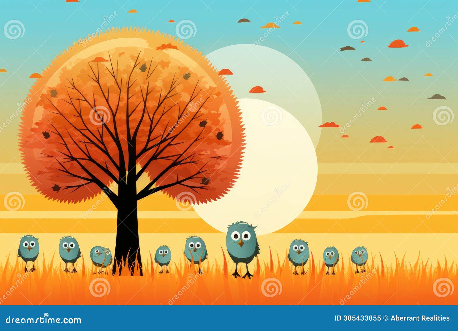 A Cartoon Illustration of a Flock of Birds Under a Tree at Sunset Stock ...
