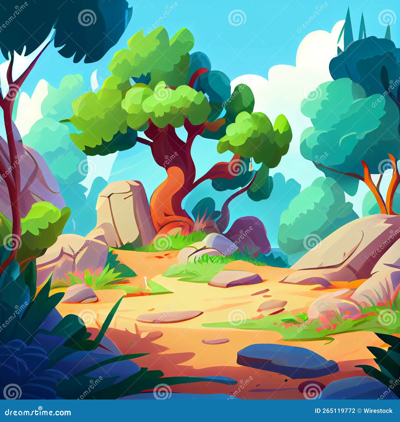 Cartoon Illustration of a Forest with Colorful Trees and Mountains ...