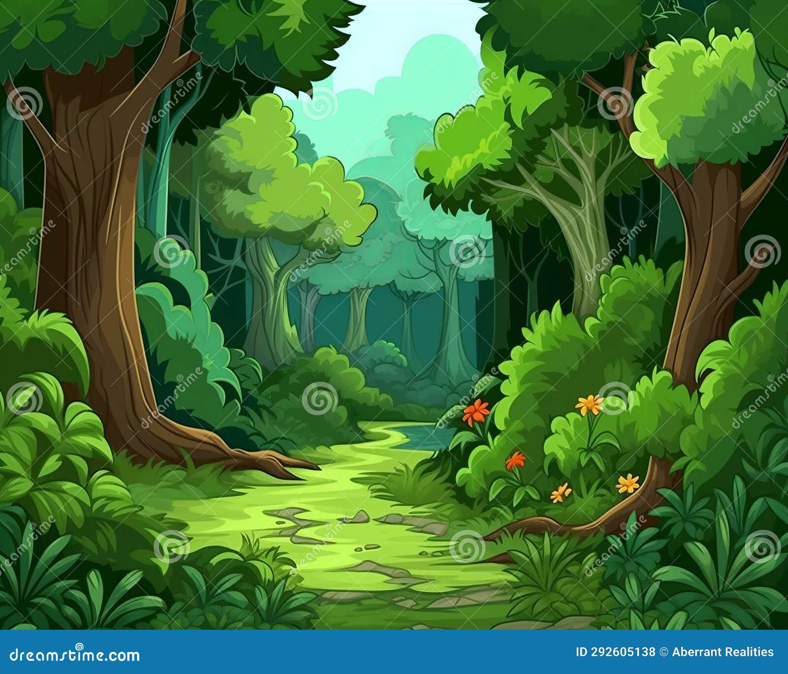 Cartoon Illustration of a Forest Path in the Jungle Stock Illustration ...