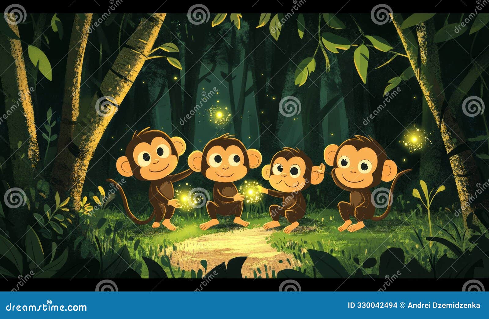 A Cartoon Illustration of Four Monkeys Playing in a Dark Forest Stock ...