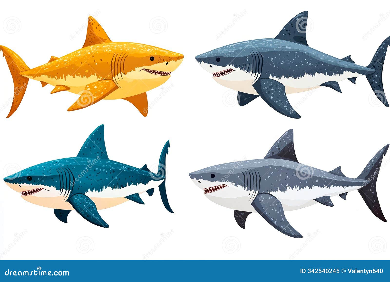 A Set of Four Different Types of Sharks on a White Background Stock ...