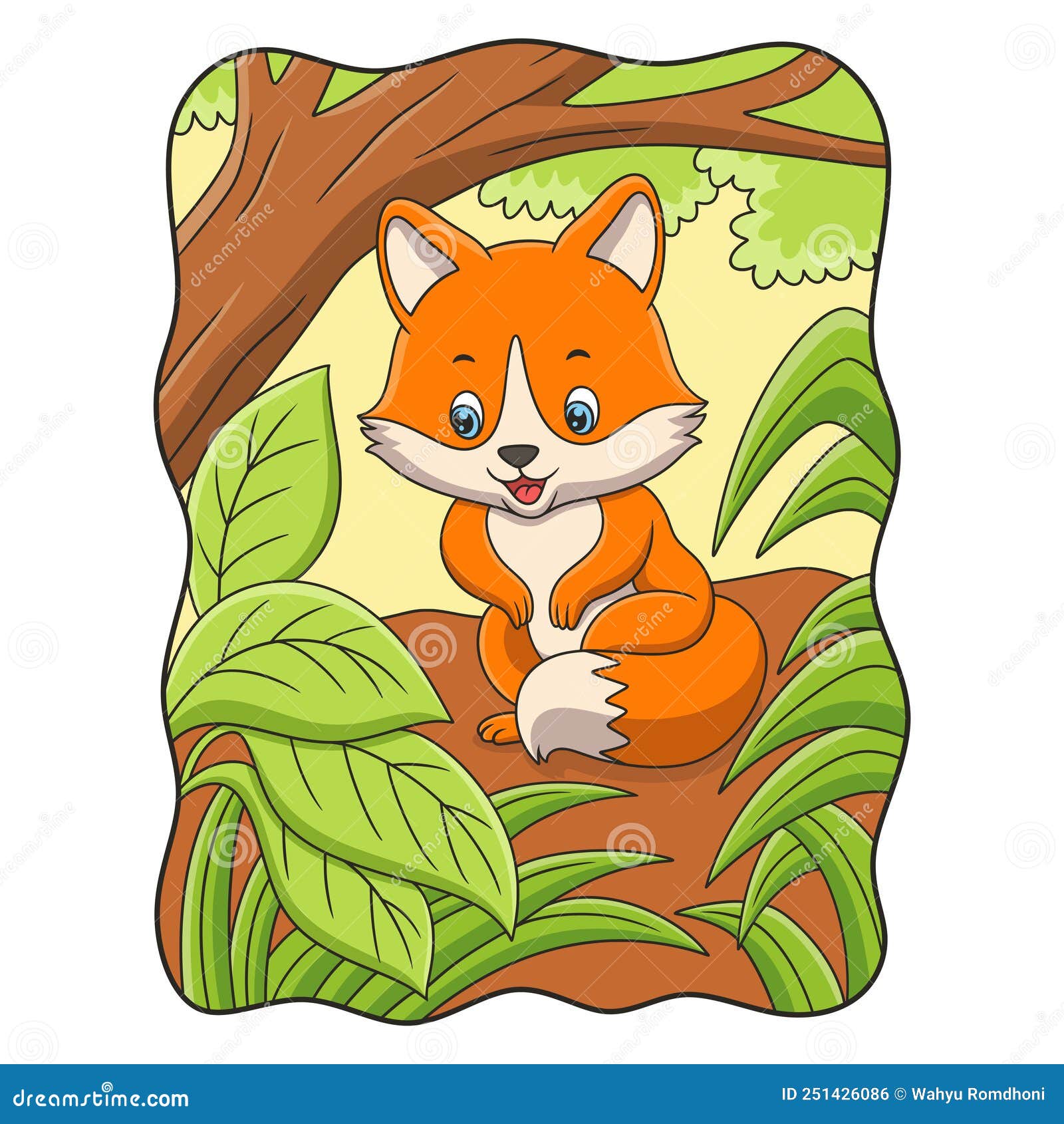 Cartoon Illustration a Fox Sitting Under a Big Tree Stock Vector ...