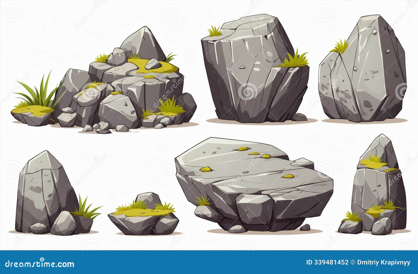 Cartoon Illustration of Gray Rocks, with Moss and Grass Stock ...