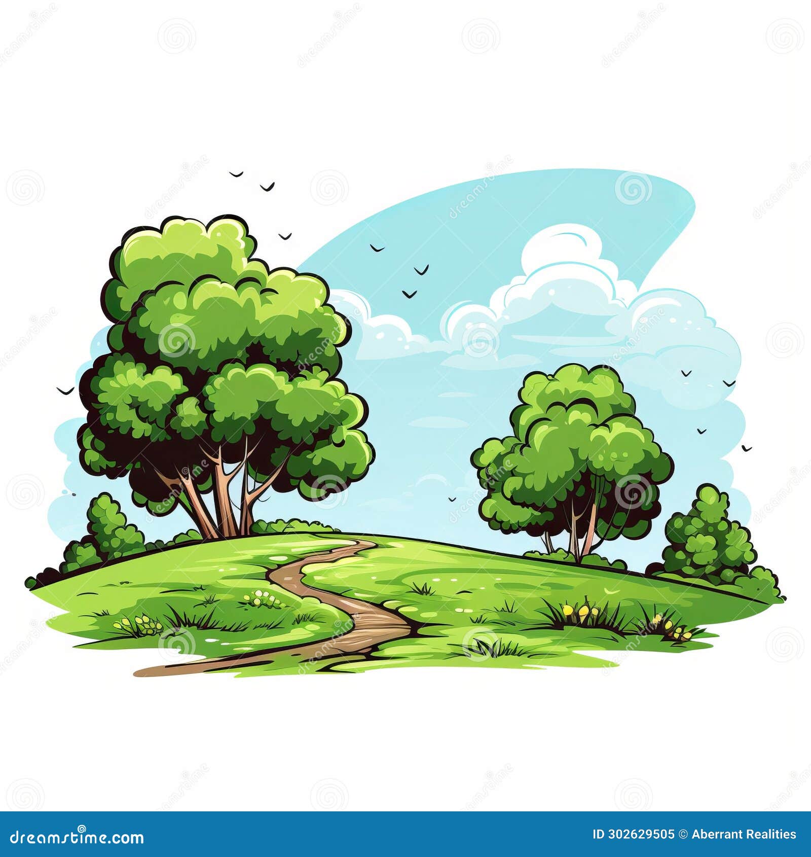 Cartoon Illustration of a Green Field with Trees and a Path Stock ...