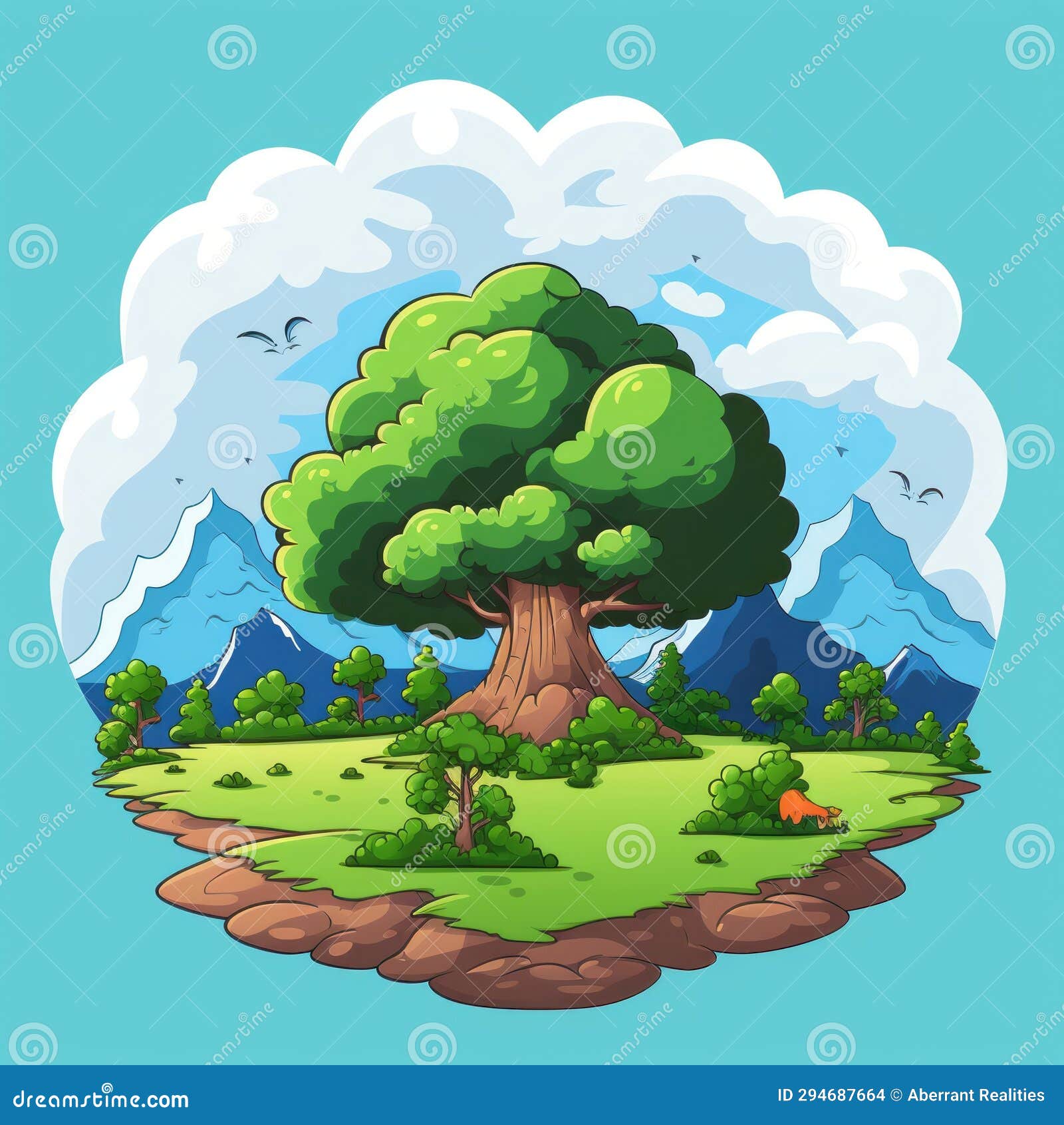Cartoon Illustration of a Green Tree in the Middle of a Field with ...