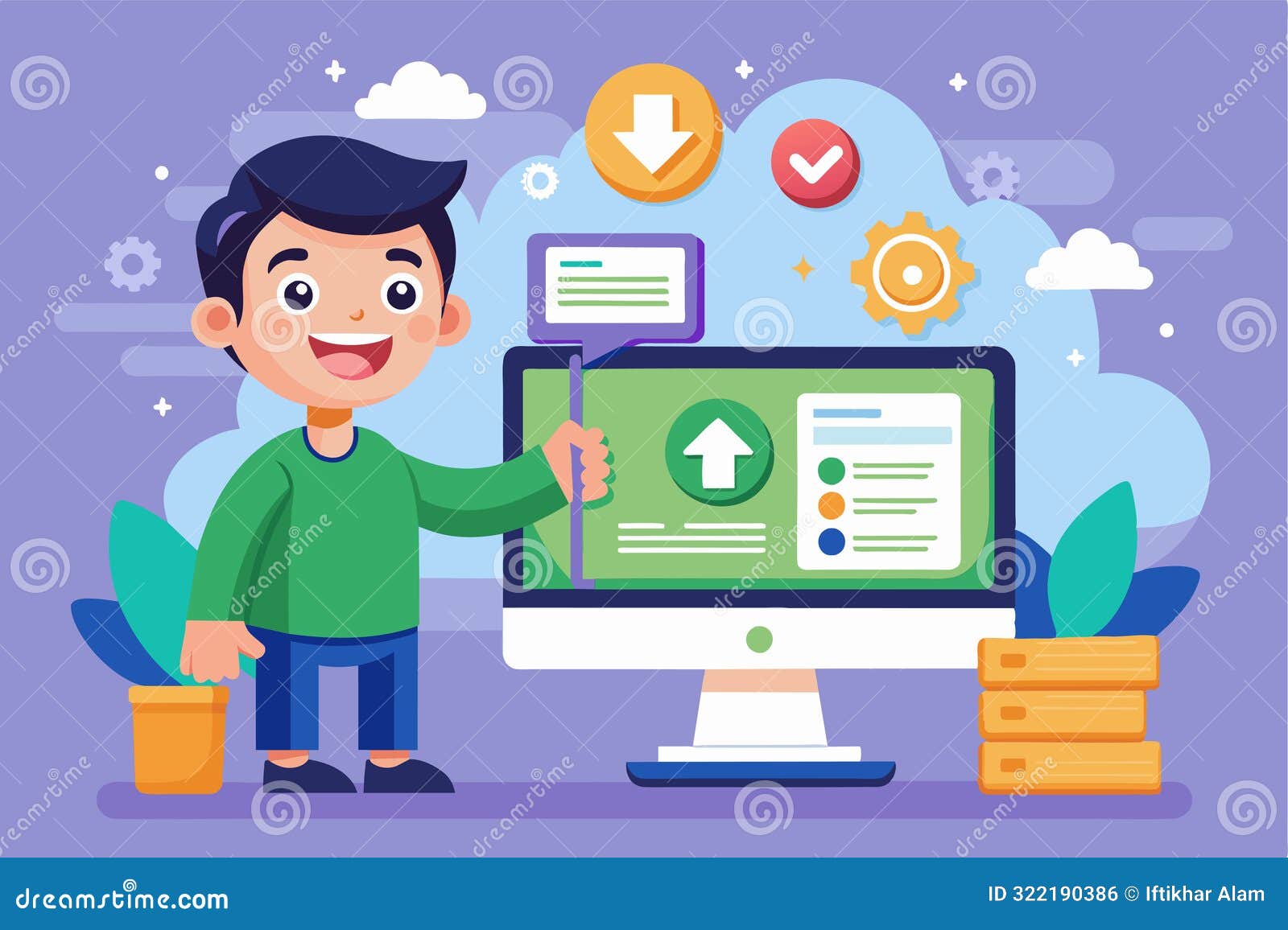 A Cartoon Illustration of a Happy Boy Uploading Data To a Cloud Server ...