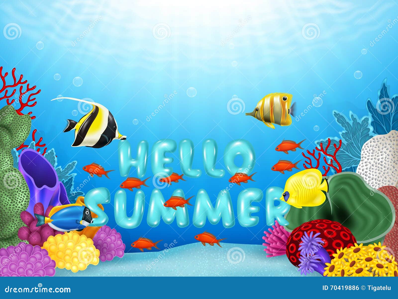 Cartoon Illustration of Hello Summer with Tropical Fish Stock Vector ...
