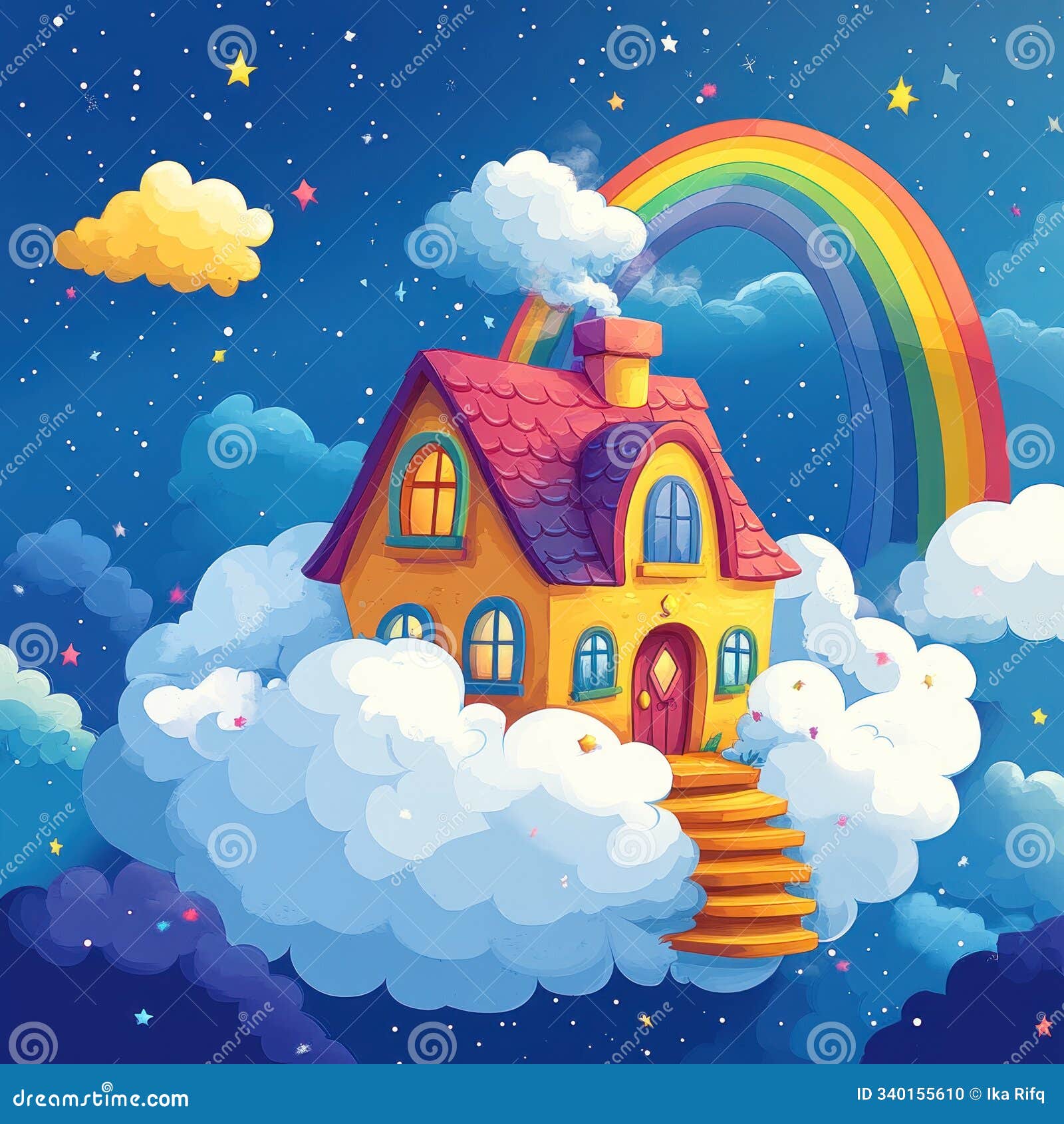 Cartoon Illustration of a House on Clouds with Rainbow Stock ...