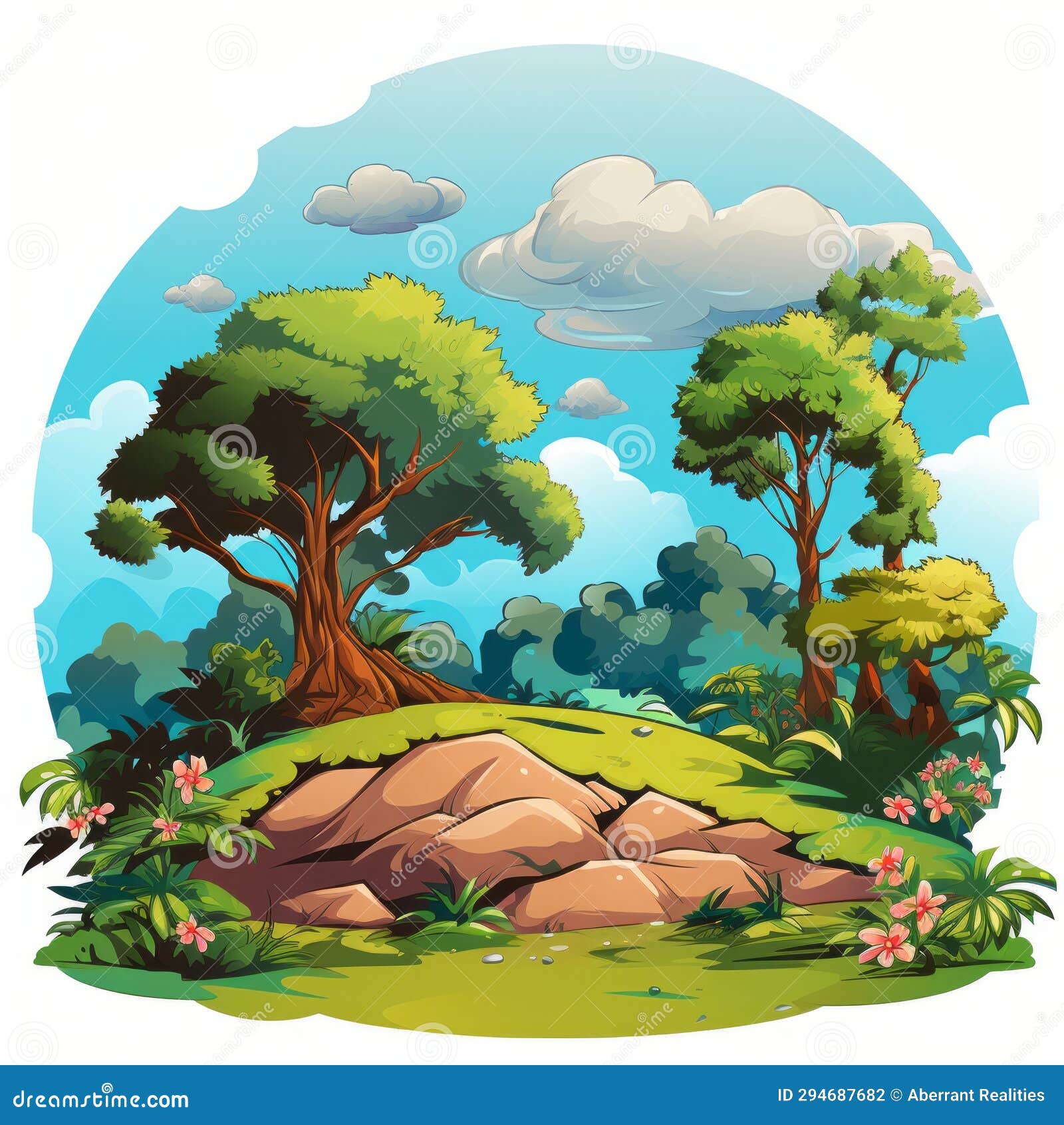 Cartoon Illustration of a Jungle Scene with Trees and Rocks Stock ...