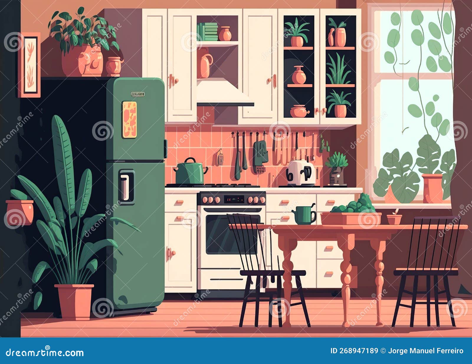 Cartoon Illustration, Kitchen Interior with Dining Table, Fridge,chairs ...