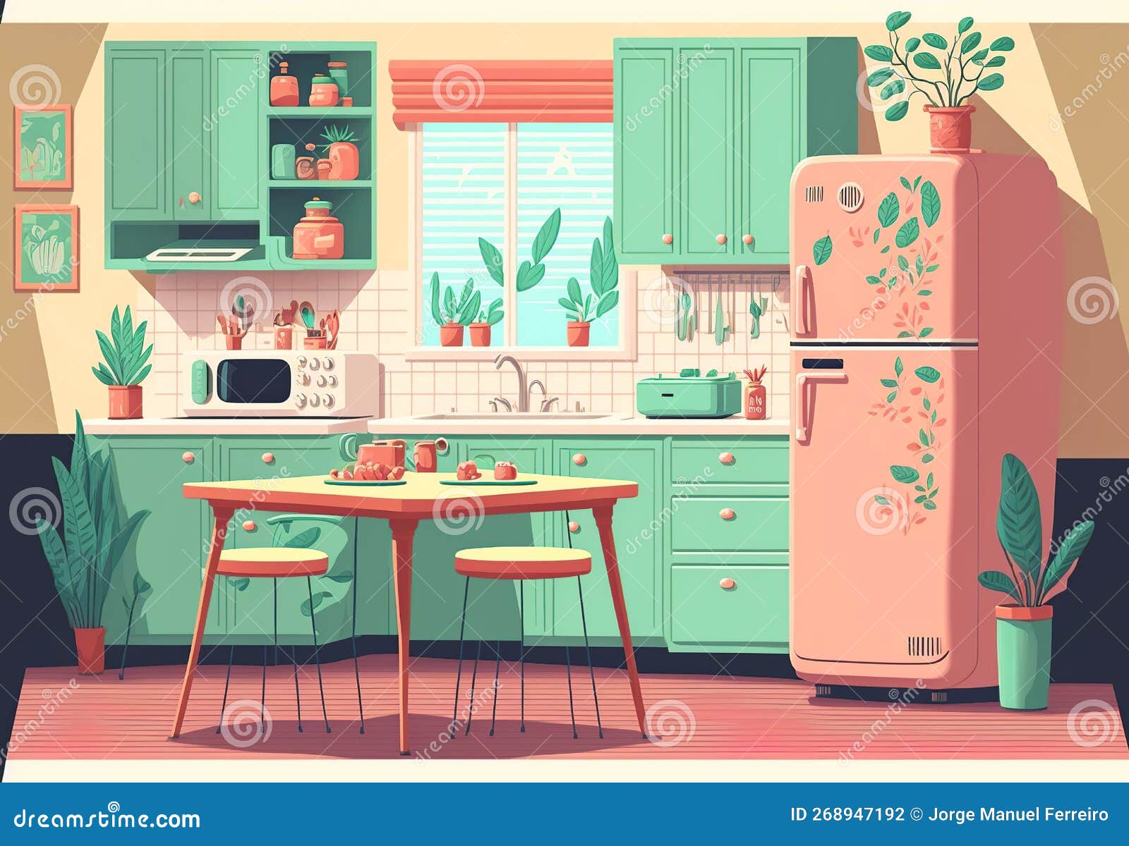 Cartoon Illustration, Kitchen Interior with Dining Table, Fridge,chairs ...
