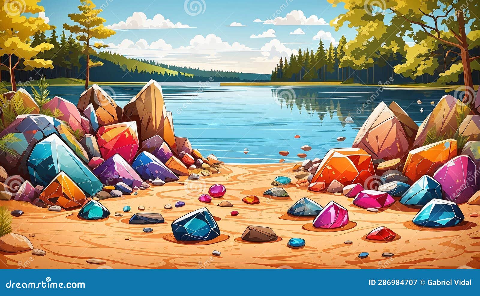 Cartoon Illustration of a Lake with Colorful Rocks on the Shore Stock ...
