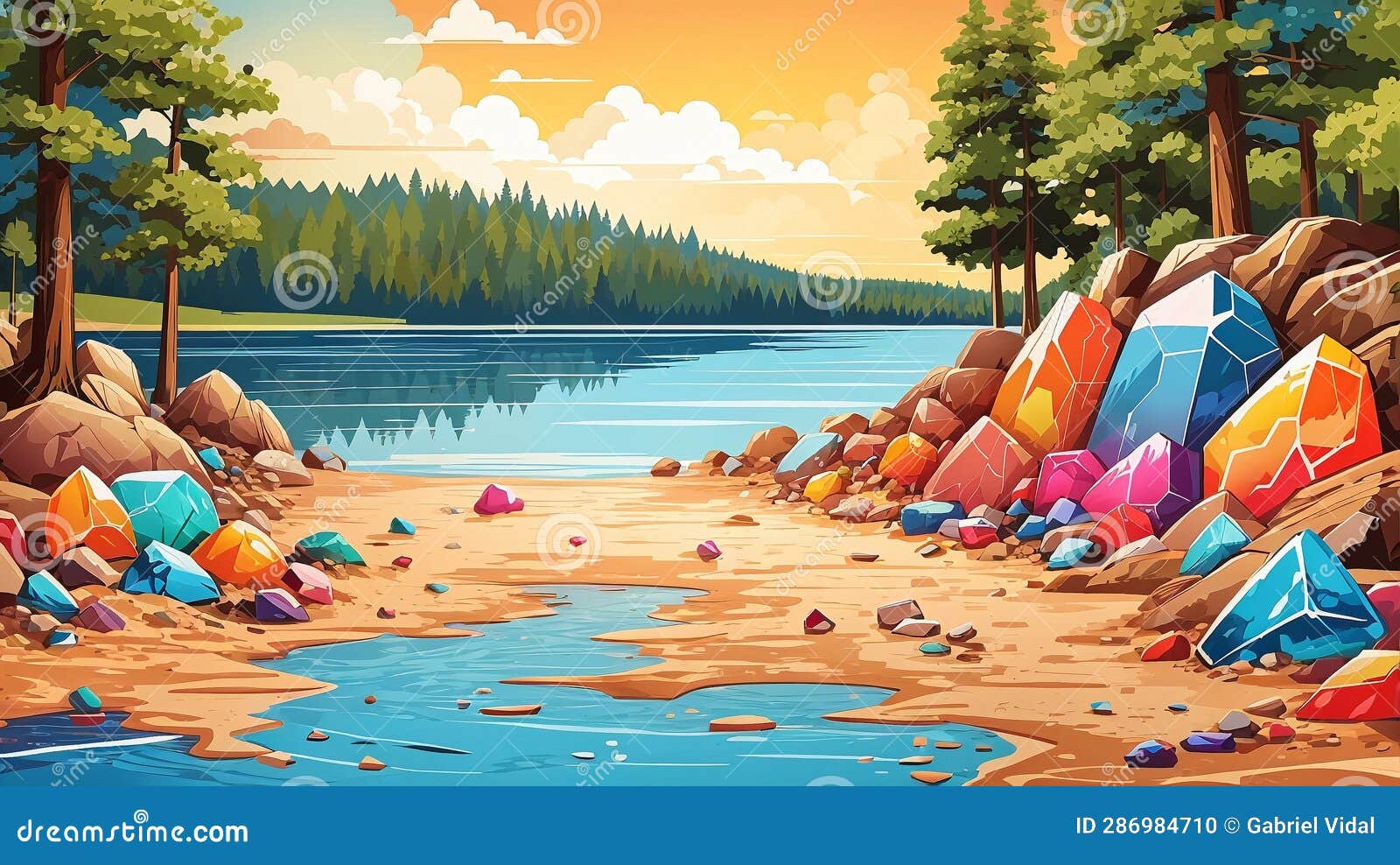 Cartoon Illustration of a Lake with Colorful Rocks on the Shore Stock ...