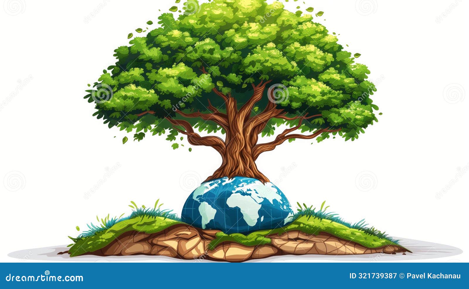 Cartoon Illustration of a Large Oak Tree Growing Over a Globe Stock ...