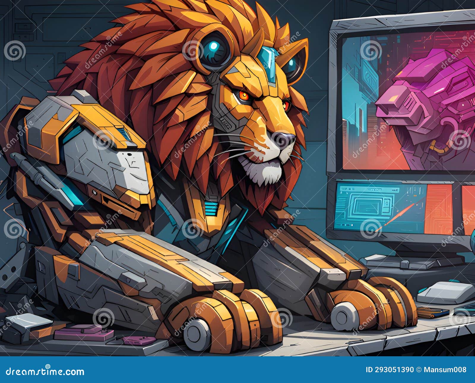 A Cartoon Illustration of a Lion with a Computer in a Modern Style ...