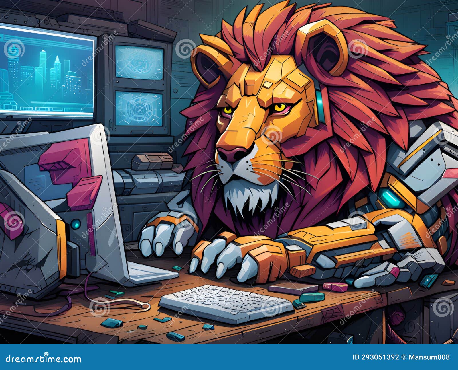 A Cartoon Illustration of a Lion with a Computer in a Modern Style ...