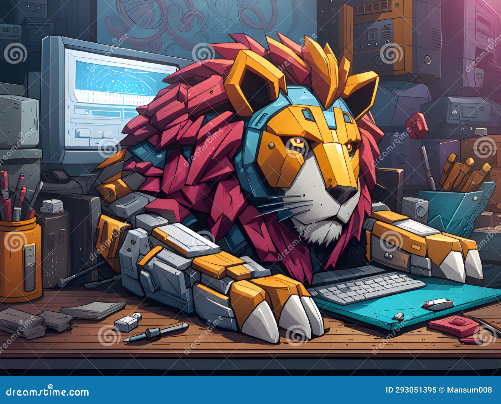 A Cartoon Illustration of a Lion with a Computer in a Modern Style ...