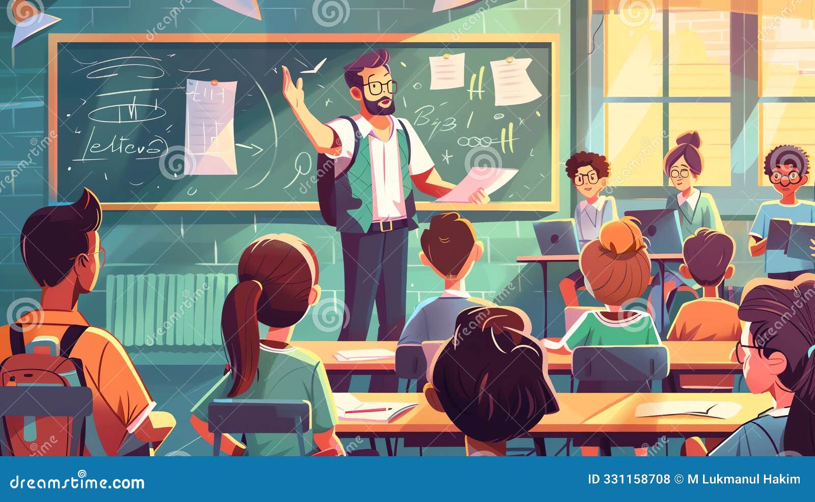 Cartoon Illustration of a Male Teacher Lecturing Students in a ...