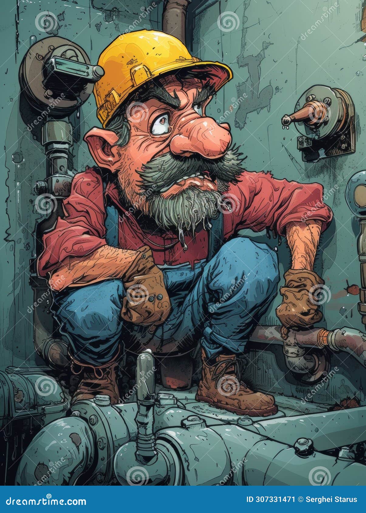 A Cartoon Illustration of a Man in Hard Hat and Overalls, AI Stock ...