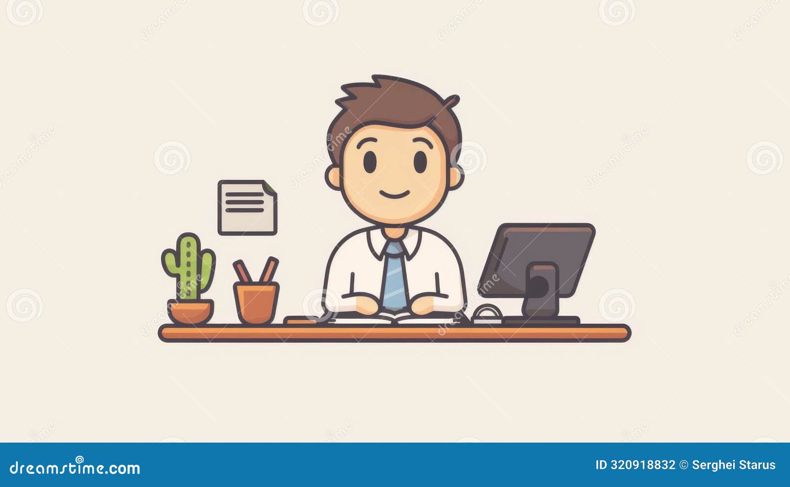 A Cartoon Illustration of a Man Sitting at His Desk with Computer, AI ...