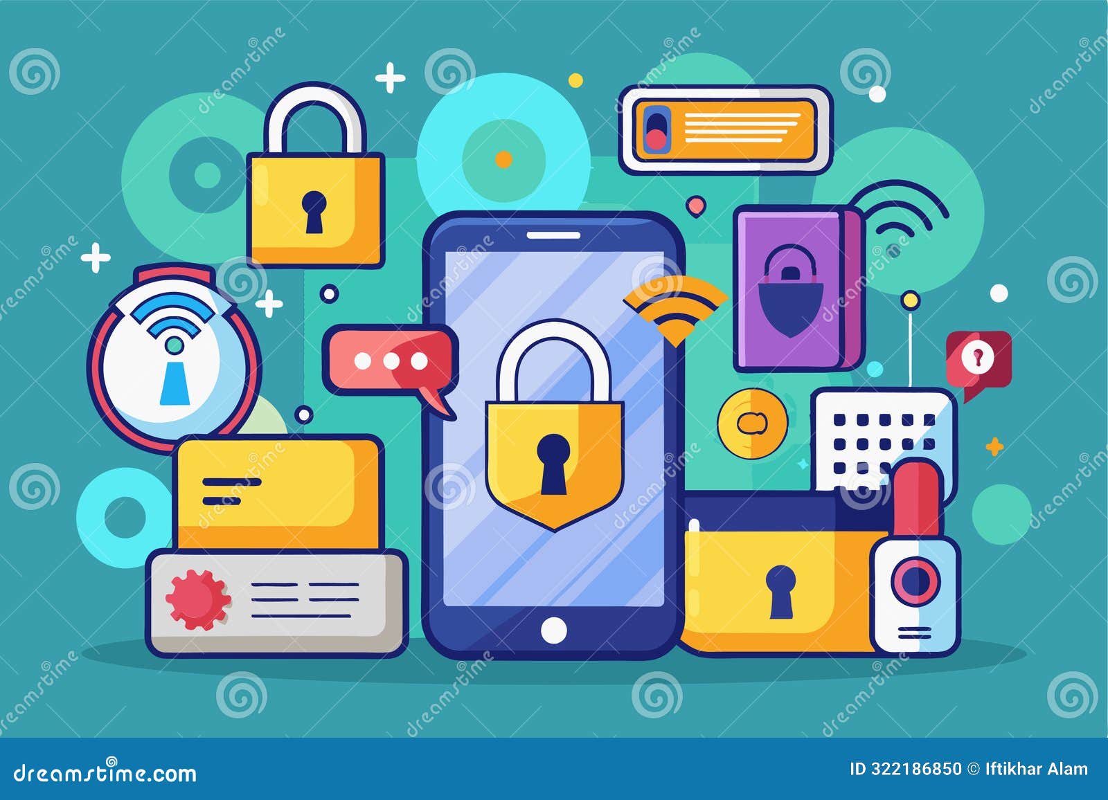 Cartoon Illustration of a Mobile Phone with Multiple Encryption ...