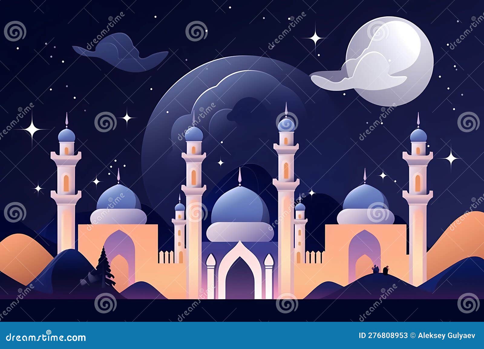 A Cartoon Illustration of a Mosque at Night with a Moon Behind AI ...